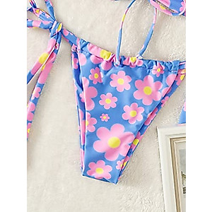 WDIRARA Women's Cutout Print Bandeau Top and Tie Side Bikini Set 2 Piece Sexy Swimsuits Blue Pink S