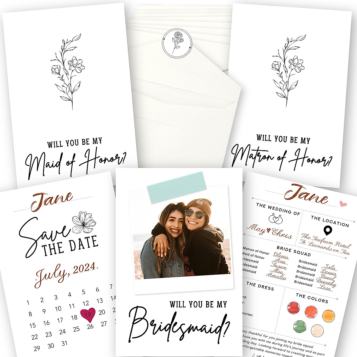 STOFINITY Will You Be My Bridesmaid Card - 8 Bridesmaid Proposal Card, 1 Will You Be My Maid Of Honor Card, 1 Will You Be My Matron Of Honor Proposal, Bridesmaid Proposal Gifts Ideas and Stickers