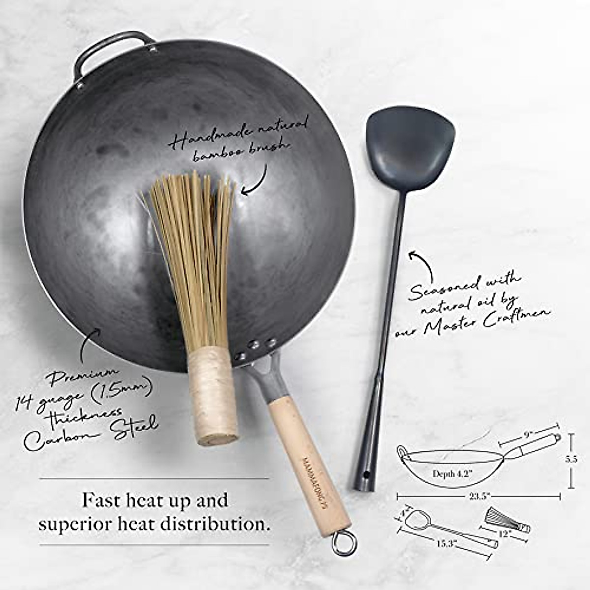 Mammafong Traditional Hand Hammered Round Bottom Carbon Steel Pow Wok Set with Wok Spatula and Bamboo Brush (14 inch wok set with wok accessories)