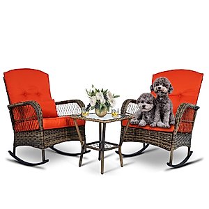 SENSWEET Wicker Rocking Chairs Set of 2, Rattan Patio Rocking Chairs, All-Weather Rocking Lawn Wicker Furniture for Porch Deck Garden Backyard(Beige)