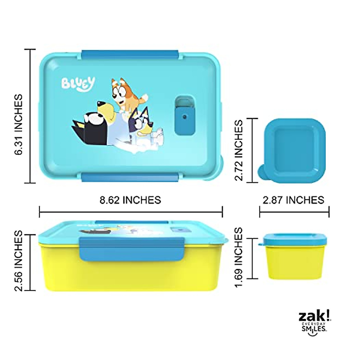Zak Designs Bluey Reusable Plastic Bento Box with Leak-Proof Seal, Carrying Handle, Microwave Steam Vent, and Individual Containers for Kids' Packed Lunch (3-Piece Set)