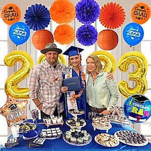 2023 Graduation Decorations Orange Blue, Congrats Grad Banner 2023 Gold Foil Number Balloons Paper Fans lanterns Pom Poms Flowers for Class of 2023 Grad Party Supplies University College Decor