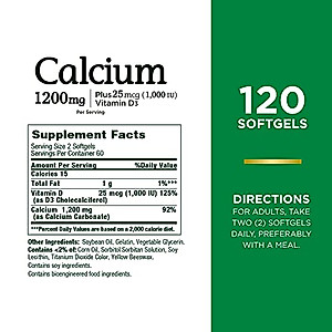 Calcium Carbonate & Vitamin D by Nature's Bounty, Supports Immune Health & Bone Health, 1200mg Calcium & 1000IU Vitamin D3, 120 Softgels
