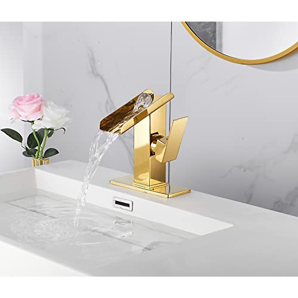 Bathroom Sink Faucet Gold Single Handle 1 or 3 Hole 4 Inch Waterfall Open Spout Bathroom Faucets Modern Brass Lavatory Bath RV Vanity Sink Faucets Basin Mixer Tap with Supply Line Cover Plate