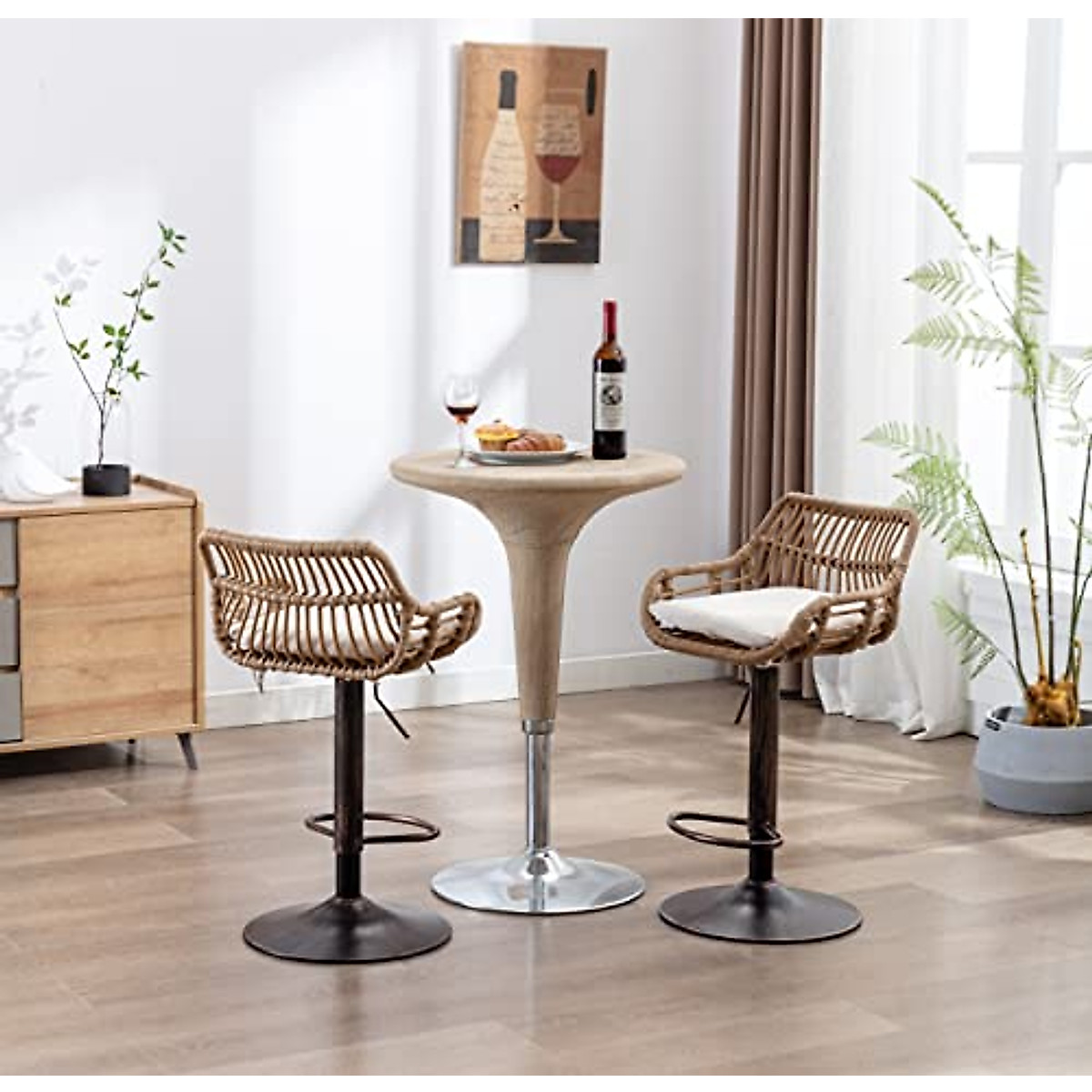 Kakotito Rattan Bar Stools, Adjustable Barstools with Linen Cushion, 360° Swivel Bar Stool with Low Back & Footrest, Classical Barstool Set of 2 for Kitchen and Bar (Brown)