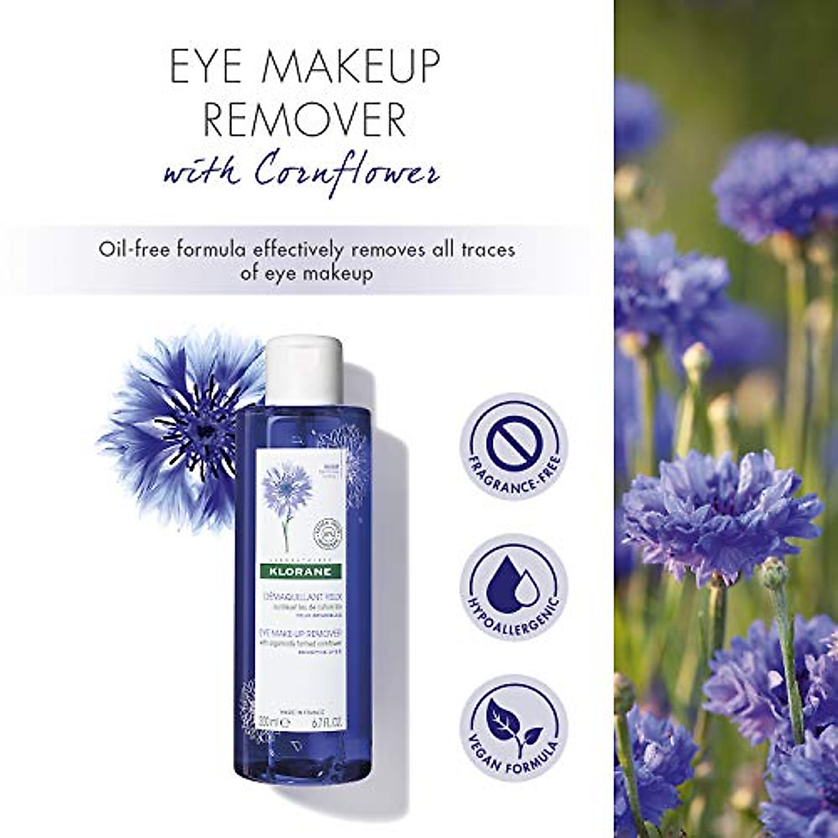 Klorane - Eye Makeup Remover With Organically Farmed Cornflower - For Sensitive Skin - Free of Oil, -Fragrance, & Sulfates - 6.7 fl. oz.