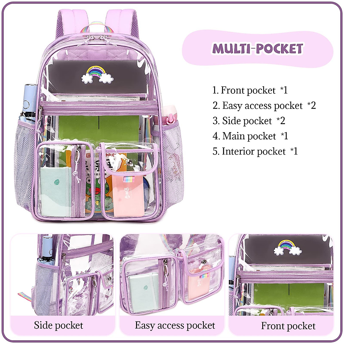 Lanola Clear Backpack, Heavy Duty Waterproof Transparent Bookbag PVC school Backpacks for Women Girls - Dark Blue