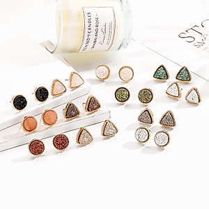12 Pairs Druzy Stud Earrings for Women 12mm Round Triangle Resin Cluster Stud Earrings Set Stainless Steel Pierced Gold Black Multicolor
