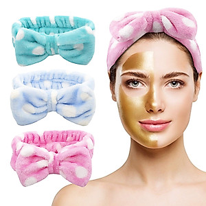 Araluky 3 Pack Bow Hair Band ,Soft Makeup Facial Dot Headband Women Girls Spa Microfiber Cute Turban Headband Bowknot Bow Skincare Terry Cloth Fuzzy Headbands for Washing Face Shower Bath Hair Band