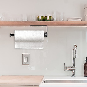 Paper Towel Holder Under Cabinet: Single Hand Operable Wall Mount Paper Towel Roll Holder with Damping Effect | Self-Adhesive or Screw for Kitchen | Bathroom (Black)