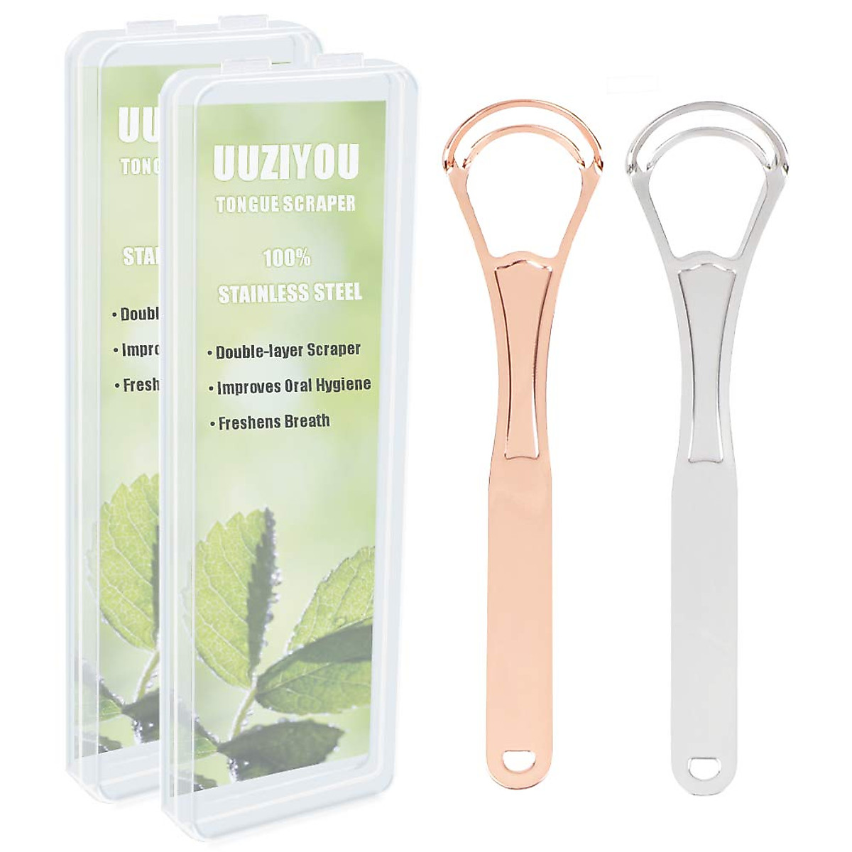 Stainless Steel Tongue Scraper Cleaner, 2 Pack Fresh Breath Tongue Cleaner for Adults, Kids, Men and Women, Surgical Grade Metal Scraper for Healty Oral Care, Bad Breath Cure (with 2 Travel Cases)