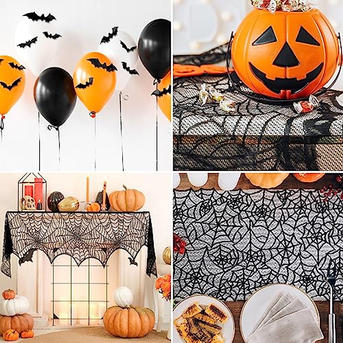 ZeeDix 39 Pcs Halloween Decorations Include Black Lace Spiderweb Round Tablecloth, Fireplace Scarf, Rectangle Table Runner and 36 Bats Wall Stickers for Halloween Home Party Decor