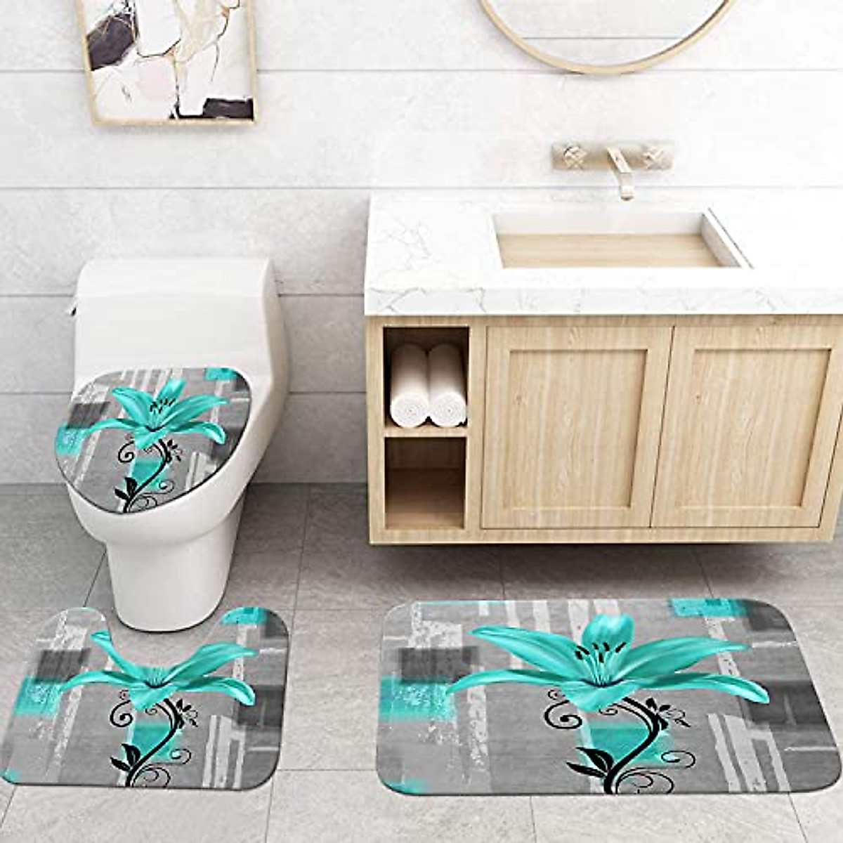 DuoBaorom 4 Pieces Set Teal Lily Flower Shower Curtain Set Geometric Floral Green and Grey Art on Non-Slip Rugs Toilet Lid Cover Bath Mat and Bathroom Curtain with 12 Hooks 72x72inch