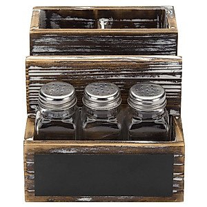 MyGift Torched Solid Wood Farmhouse Napkin and Salt and Pepper Shakers, Tabletop Napkin Holder, Condiment and Utensil Holder with Chalkboard