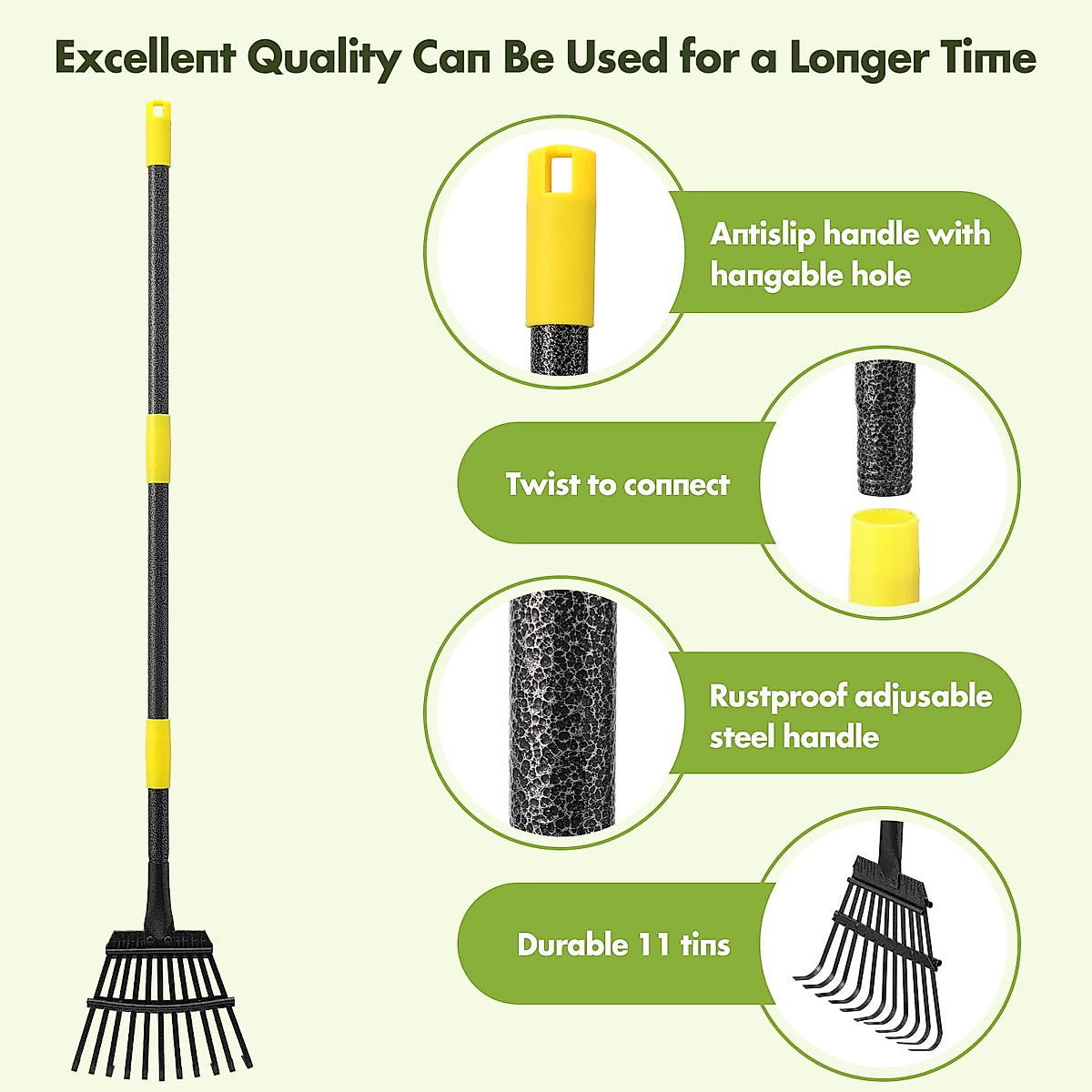 Rake for Leaves,Heavy Duty Garden Small Leaf Rake for Lawns,60” Long 8.5 Inch Wide Adjustable 11 Tines Sturdy Metal Yard Rake with Non-Slip Comfort Handle…