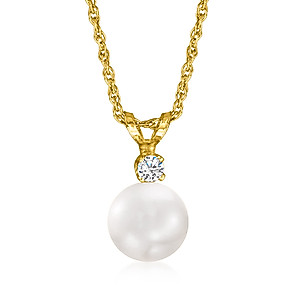 Ross-Simons 7-7.5mm Cultured Akoya Pearl Pendant Necklace With Diamond Accent in 14kt Yellow Gold. 20 inches