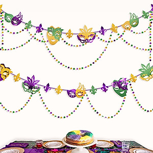 Cheerland Green Purple Gold Mardi Gars Mask Banner Paper Bead Garland Set for Mardi Gars Theme Party Decoration Triangle Flag Bunting for Fat Tuesday Party Supplies New Orleans Party Decor