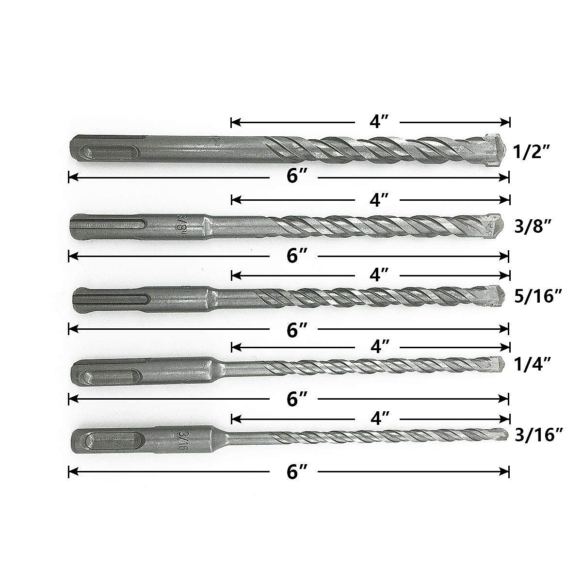 SPKLINE 5 Pcs SDS-Plus Rotary Hammer Drill Bit Set 3/16",1/4",5/16",3/8",1/2" Diameter,Tungsten Carbide Tip SDS+ Impact Drill Bits for Concrete Brick Block Mortar Stone and Other Masonry
