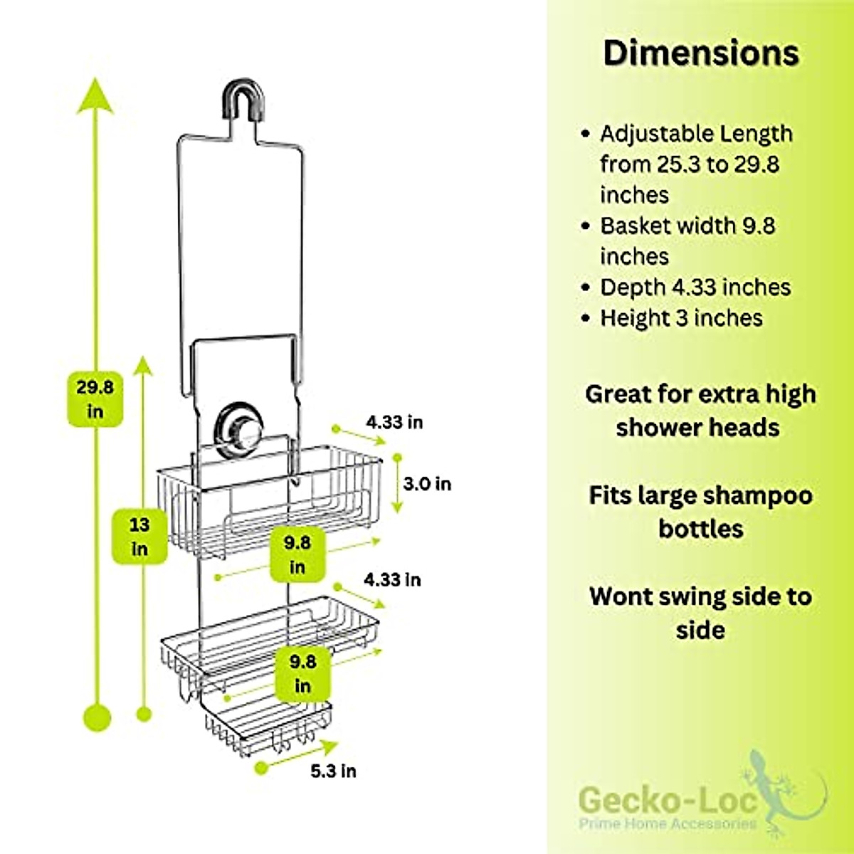 Gecko-Loc Long Adjustable Length Deep Storage Over the Showerhead Hanging Shower Caddy Organizer - Silver