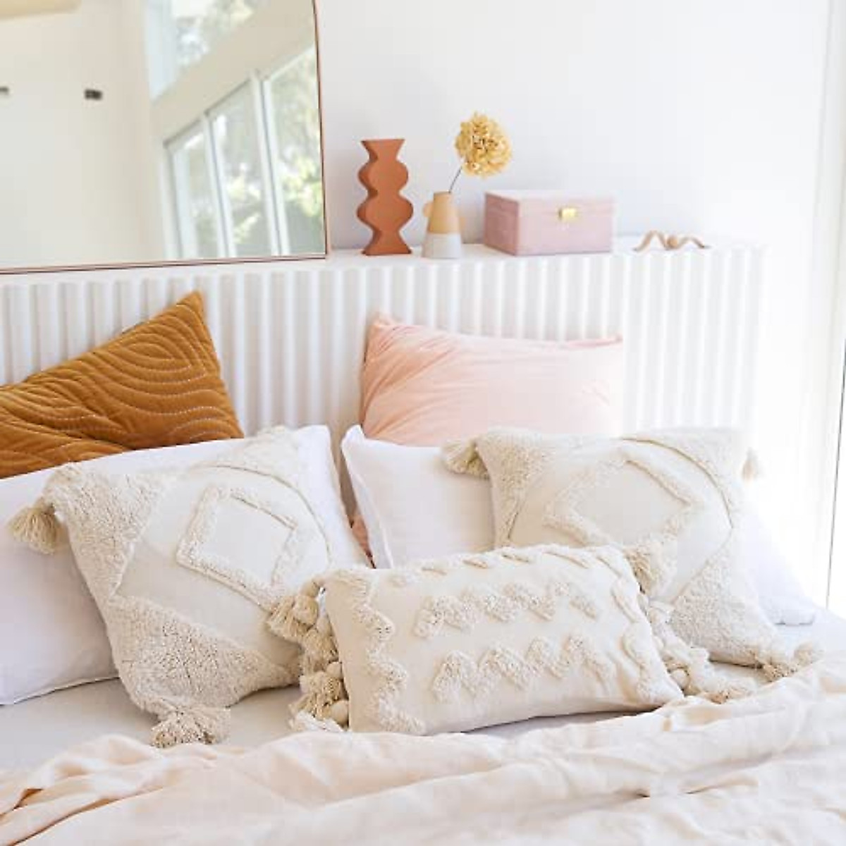 Banilla Throw Pillow Cover Bundle | Featuring a Pair of Hand Tufted Diamond Detailed 18" Pillow Covers & a 12x20 Lumbar Pillow with Chunky Tassels | Natural White