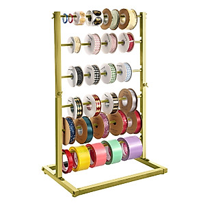 Aulin 6 Tier Large Capacity Ribbon Storage Organizer Rack - Metal Ribbon Spool Holder for Craft Ribbon Washi Tape Arts & Crafts Supplies, Ribbon Rack for Craft Room, Florist Arts Wrapping (Gold)