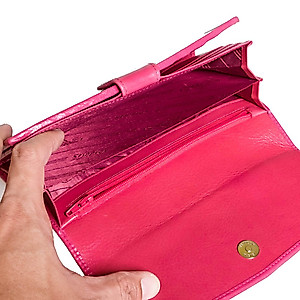 Genuine Stingray Skin Exotic Leather Zip Clutch Purse Long Snap Wallet Organizer (Hot Pink)