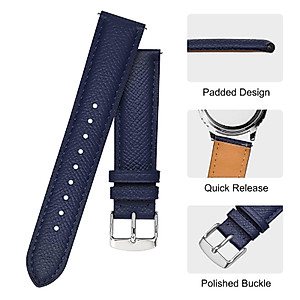 BISONSTRAP Texture Leather Watch Straps for Women and Men, Watch Replacement Bands with Quick Release, 20mm, Dark Blue, Silver Buckle
