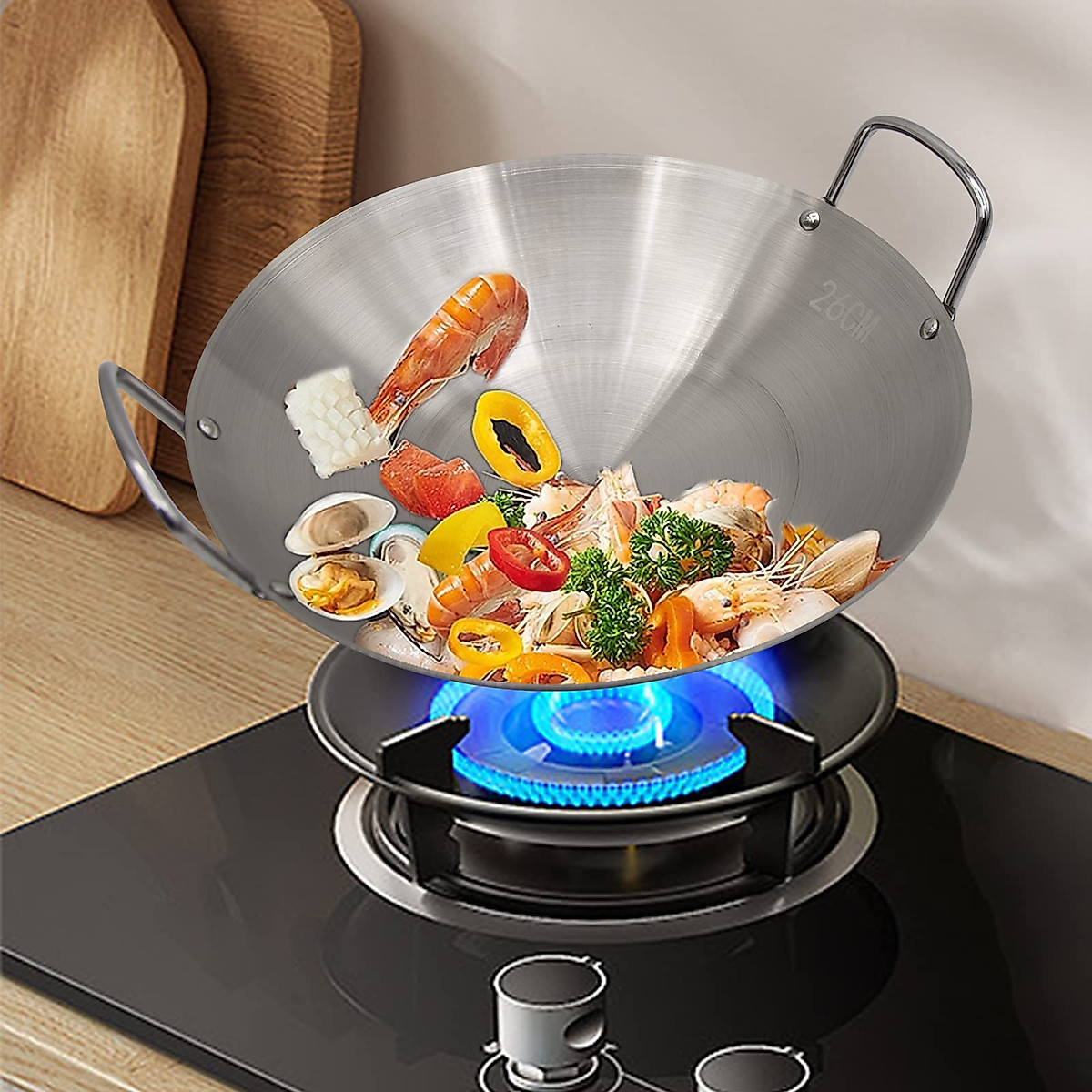 Aynaxcol Round Bottom Stainless Steel Wok, Traditional Canton Style Frying Pan Multi- Cooking Wok Dual- Handled Heavy Stainless Steel Wok (10 Inch/ 26cm)