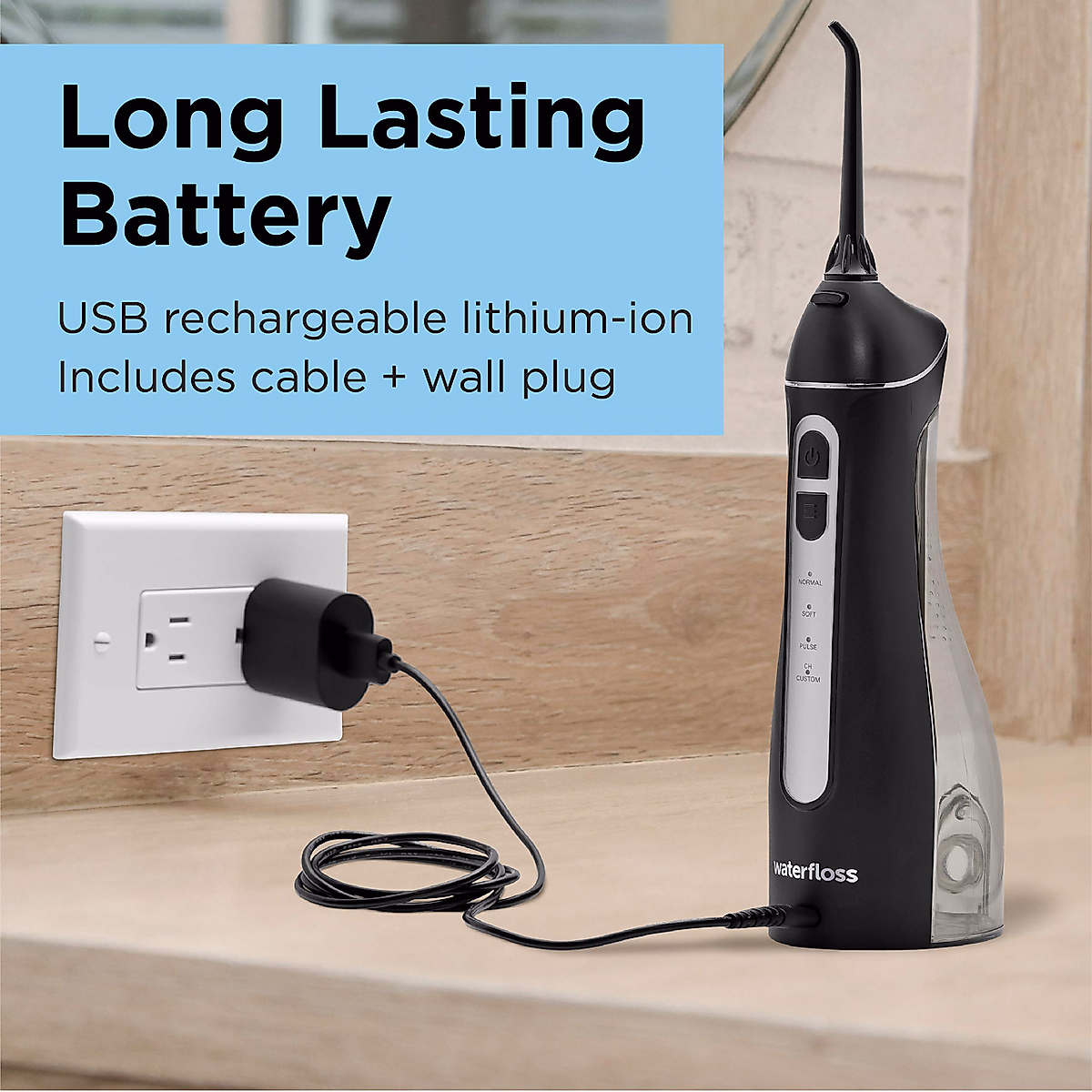 Waterfloss Water Flosser Small Cordless Water Pick Teeth Cleaner Dental Oral Irrigator with 4 Modes and USB Rechargeable Lithium Battery, Black