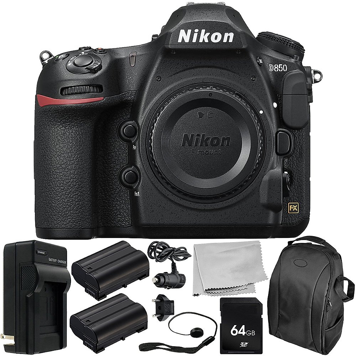 Nikon D850 DSLR Camera (Body Only) 8PC Accessory Bundle –Includes 64GB Memory Card + 2X Replacement ENEL-15A Batteries + More (Renewed)