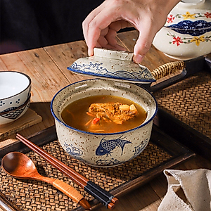 VanEnjoy Microwavable Ramen Bowl with Lid, 25 Oz Japanese Bowl Big Ceramic Japanese Soup Bowl with Lid, Korean Clay Pot - fish