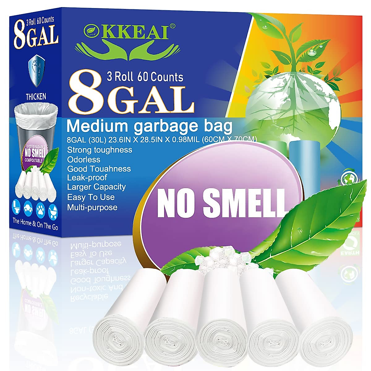OKKEAI 8 Gallon Trash Bags 30L Garbage Bags Medium White Kitchen Trash Bags Wastebasket Liners for Bathroom,Home Office, Lawn,60 Count,Clear (Fits 7-10 Gallon Bins)