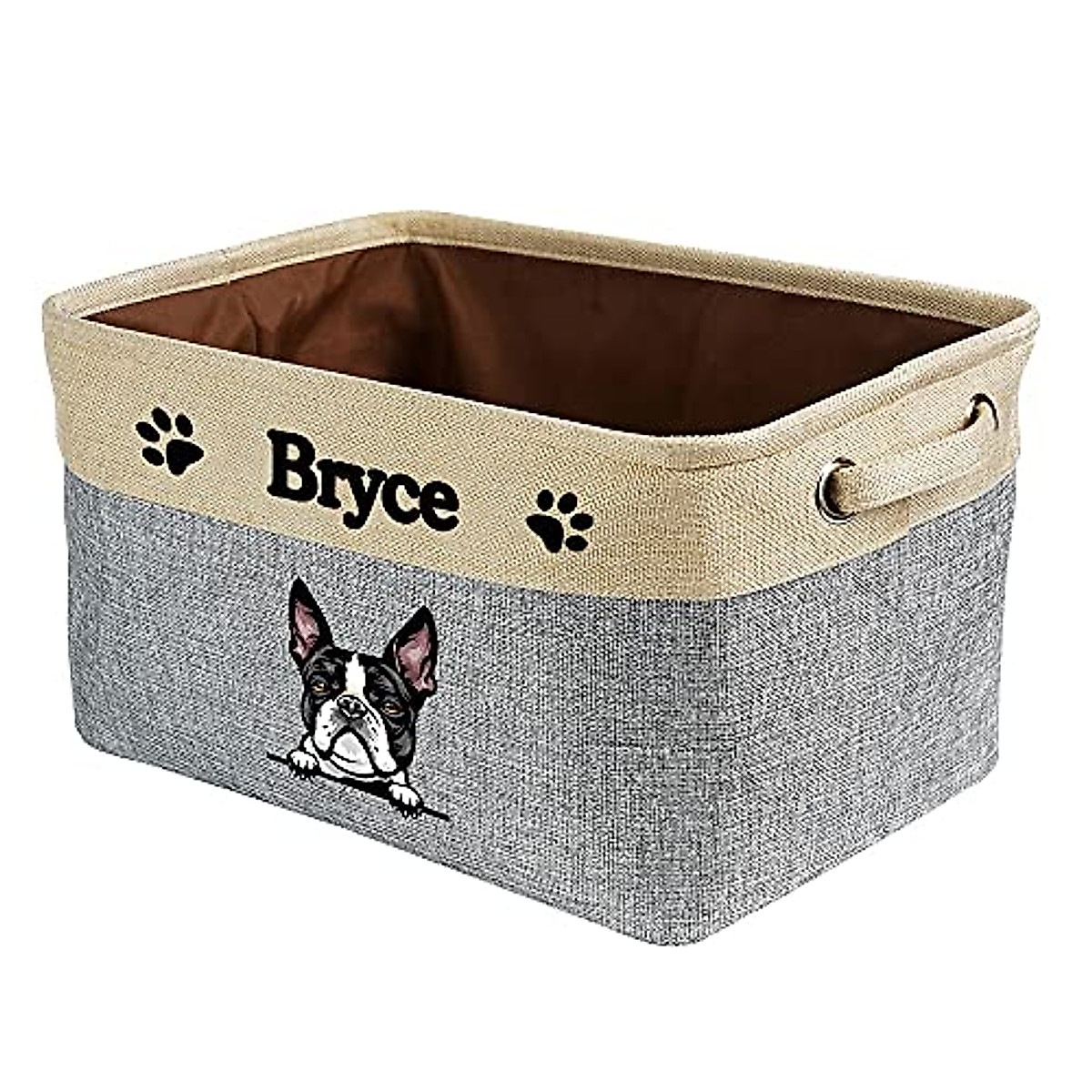 MALIHONG Personalized Foldable Storage Basket with Cute Dog Boston Terrier Collapsible Sturdy Fabric Pet Toys Storage Bin Cube with Handles for Organizing Shelf Home Closet, Grey and White