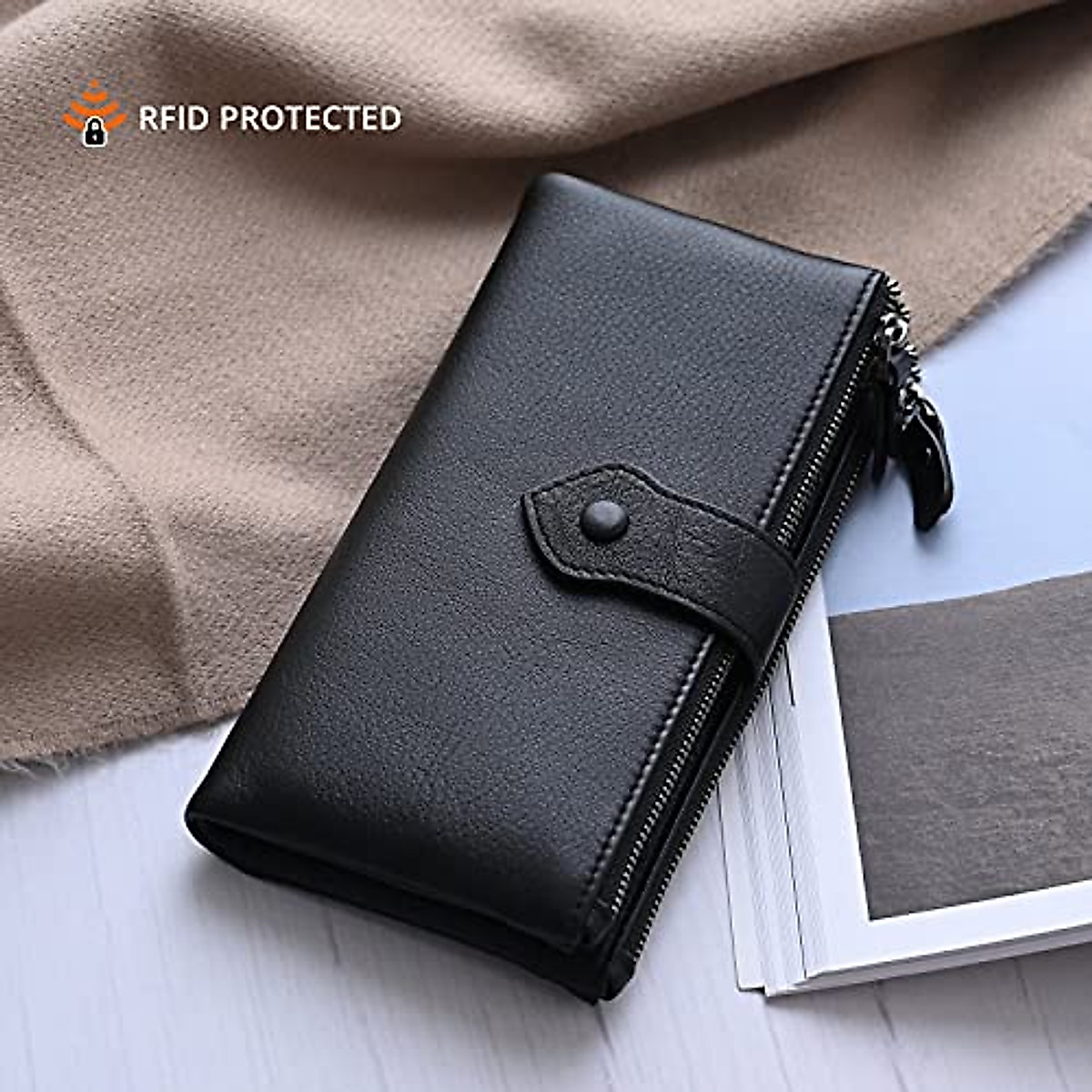 Women Soft Leather RFID Blocking Bifold Slim Wallets Credit Card Holder with Double Zipper Pocket(Black)