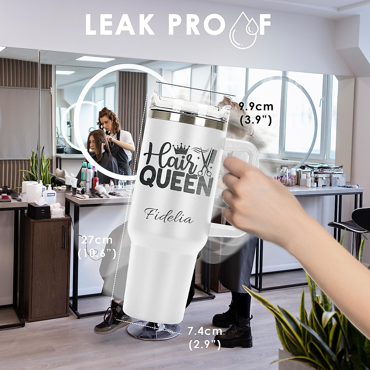 LifGif Hair Queen Personalized Tumbler 40 oz Laser Engraved, Insulated Cup with Handle, Lid and Straw, Custom Tumbler Hairdresser, Barber, Beauty Salon, Hair Stylists Stainless Steel Coffee Cup