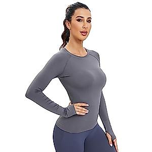 MathCat Workout Seamless Shirts for Women Long-Sleeved Yoga Running Breathable Thumb Holes Tops Grey
