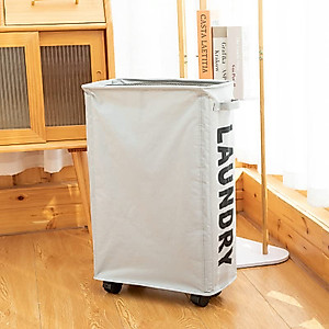 plplaaoo Oxford Cloth Easy Install Storage Basket with Mesh Pulleys, Foldable Laundry Basket with Drawstring Mesh Cover,Corner Clothes Hamper Laundry Bin with Handle (White)