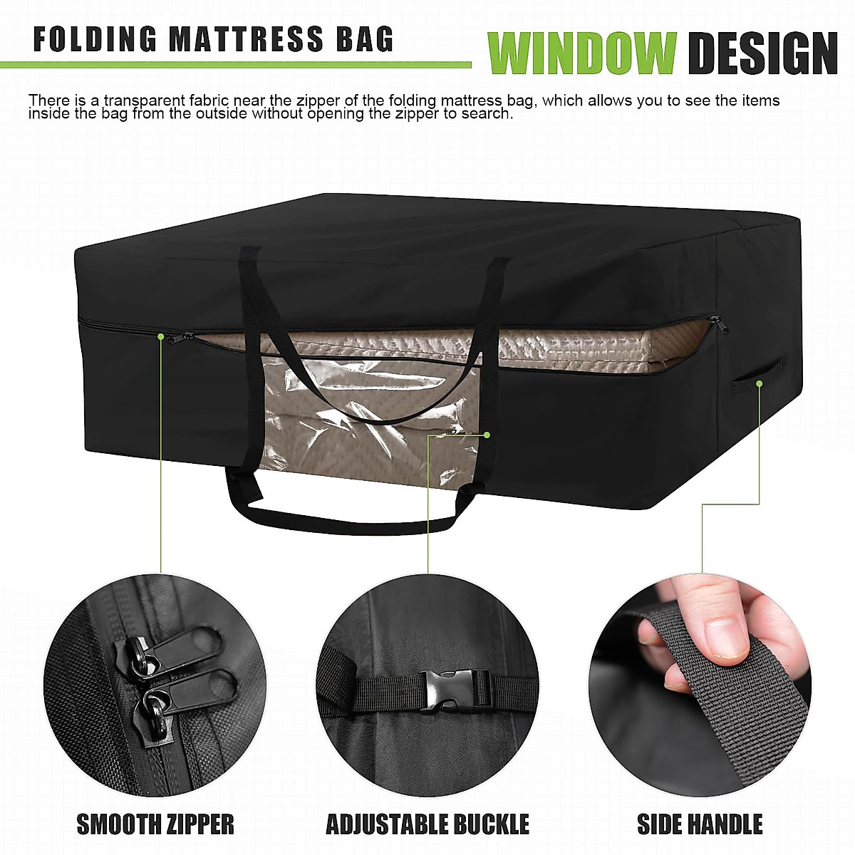Folding Mattress Storage Bag Waterproof Fits up to Folding Mattress Heavy Duty Durable Trifold Memory Foam Mattress Carry Case Sofa Bed Mattress Organizer Bag Black (60"x27"x13")