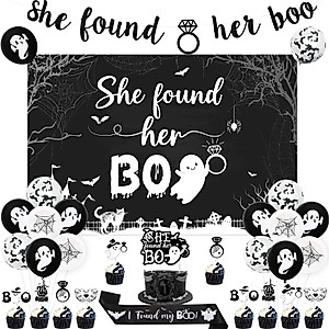 Wonmelody Halloween Bachelorette Party Decor with She Found Her Boo Banner Backdrop Halloween Bridal Shower Decor Cake Toppers Sash Boochelorette Ghost Spooky October Decor for Bachelorette Wedding