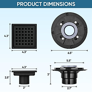TICONN 4.33'' Square Floor Shower Drain, Lattice Square Perforated Pattern Easy Cleaning Removable Grate, Rustproof SUS 304 Stainless Steel (Matte Black, 4.33'')