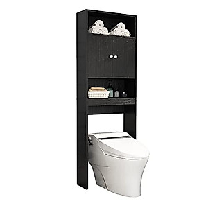 Hcman Over The Toilet Storage Cabinet - 77" H Over Toilet Bathroom Cabinet Organizer with Open Shelves and Double Doors, Black
