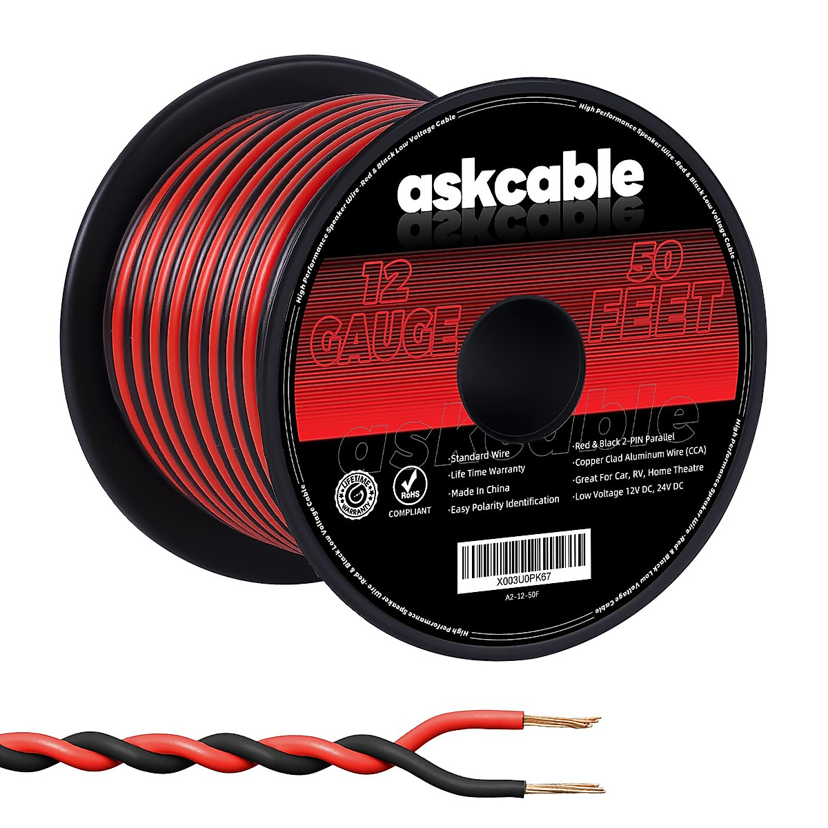 Askcable 12 Gauge 50 Feet Speaker Wire Cable 12AWG Speaker Wire 2 Conductors Wire Extension Cord Great Use for Car Speakers Stereos Home Theater Speakers Surround Sound Radio Black Red