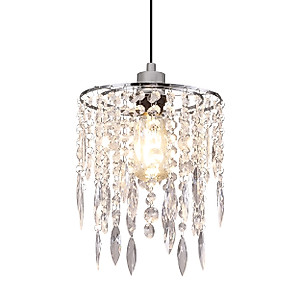 Hi-ERA Acrylic Chandelier Shade, Modern Chrome Beaded Hanging Chandelier, 2 Tiers Beads Pendant Shade, Ceiling Chandelier Lampshade with Acrylic Jewel Droplets, Beaded Lampshade