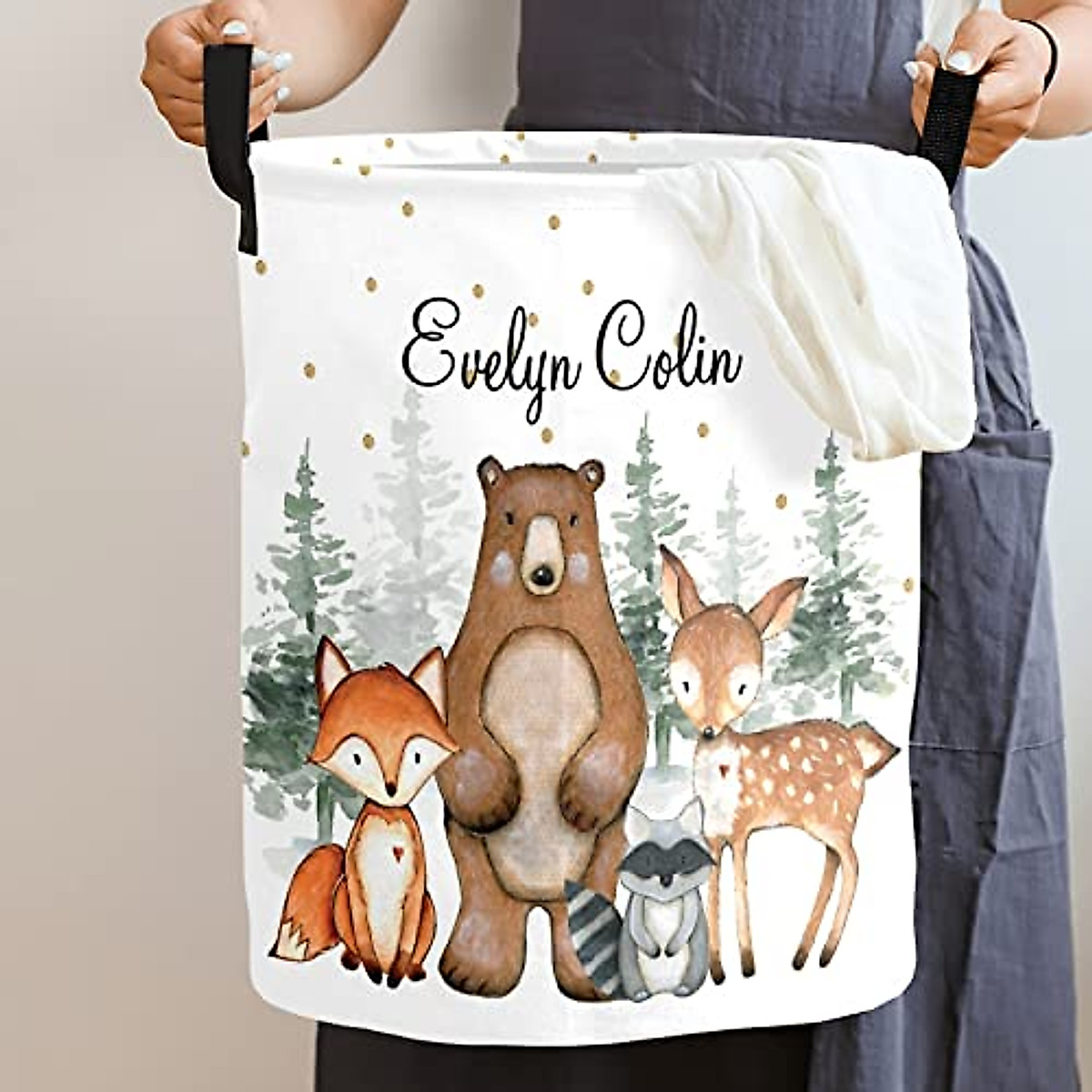 SunFancy Woodland Forest Animals Personalized Laundry Basket Clothes Hamper with Handles Waterproof,Custom Collapsible Laundry One Size