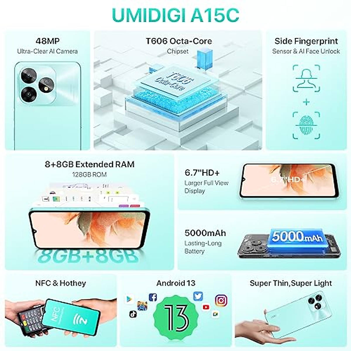 UMIDIGI A15C (8+8GB RAM+128GB ROM) Android 13 NFC Unlocked Cell Phone，48MP Ultra-Clear AI Camera Mobile Phone,5000mAh Battery Smartphone,6.7" HD Full View Display Dual Unlock Phone-Pearl White…