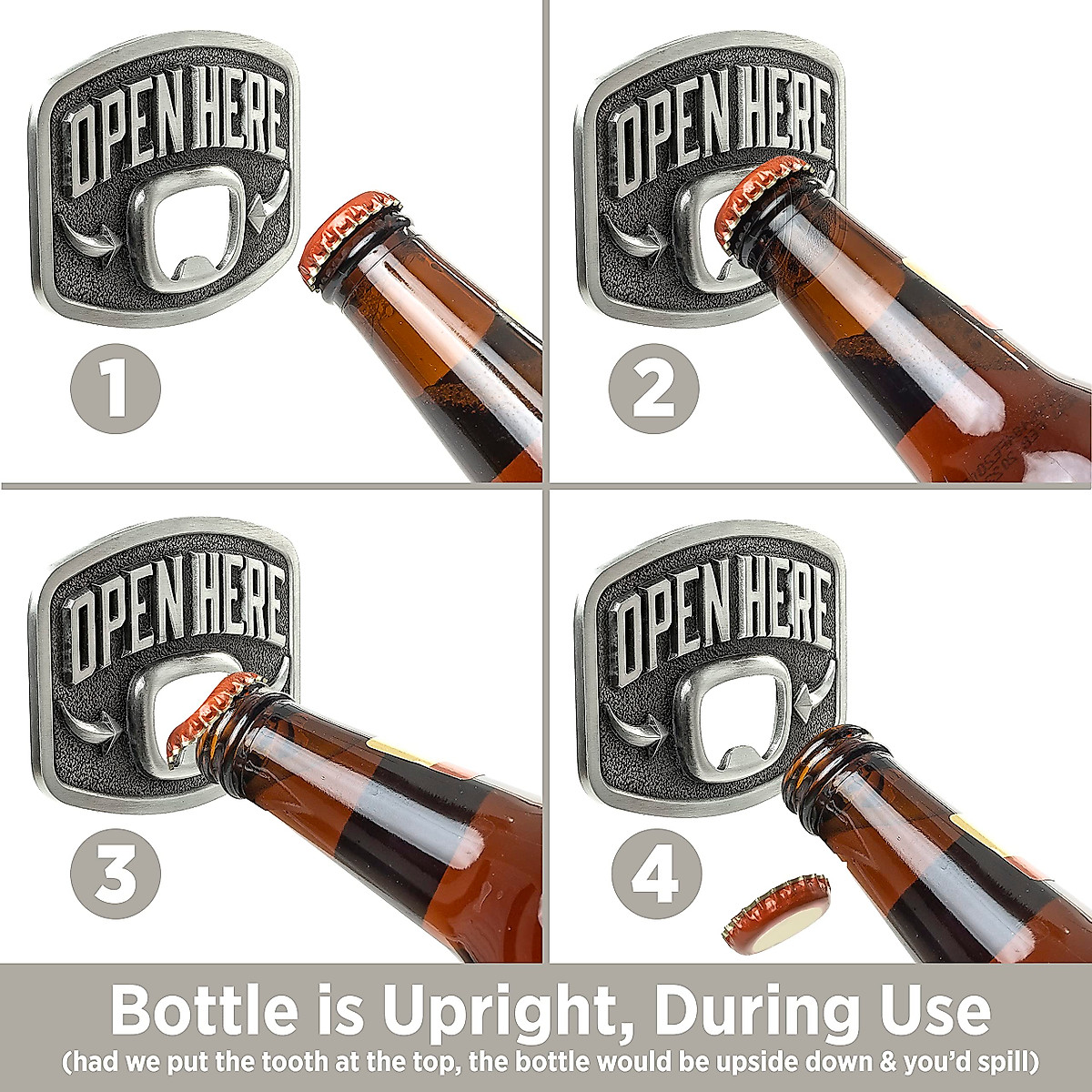 Western Beer Belt Buckle - Large, Texas Cowboy Style Bottle Opener Buckles For Men - Men’s Novelty Funny Gag Gift Belt Buckle That 𝐑𝐞𝐚𝐥𝐥𝐲 𝐎𝐩𝐞𝐧𝐬 𝐁𝐨𝐭𝐭𝐥𝐞𝐬-Silver Chrome