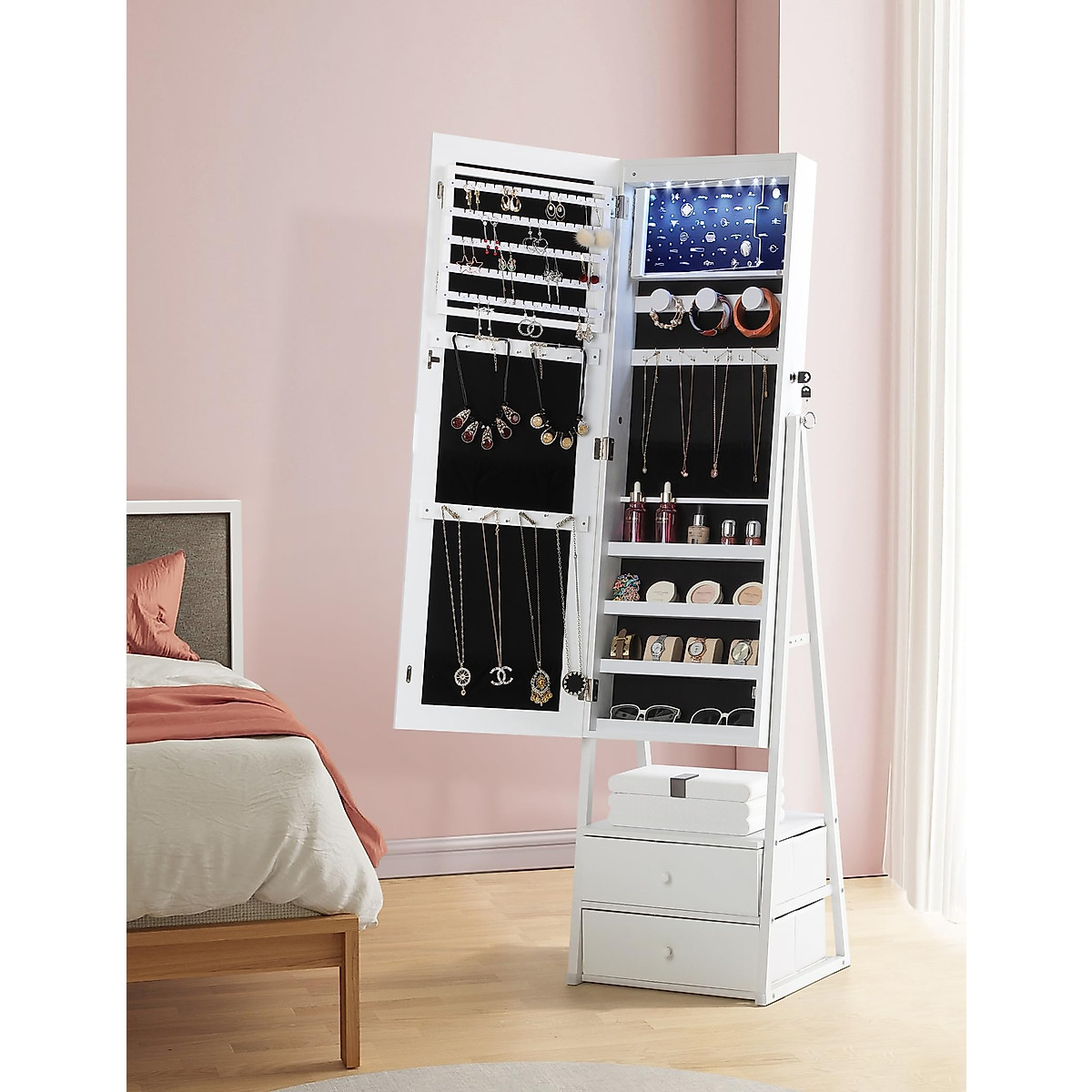 Nicetree Jewelry Cabinet Armoire with 2 Drawers, Lockable Standing Jewelry Mirror Cabinet, Full Length Mirror with Jewelry Storage, White