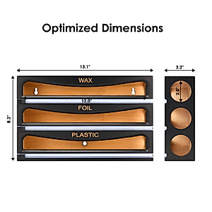 Cozee Bay Bamboo Wrap Dispenser with Cutter, Plastic Wrap Organizer, Aluminum Foil Organization, and Wax Paper Dispenser Holder for Kitchen Drawer and Wall, Compatible with 12" Roll (Black)