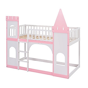 Harper & Bright Designs Twin Over Twin Kids Bunk Bed, Twin Loft Bed with Castle Shape Design, Wooden Floor Bunk Beds for Girls Boys Bedroom Dorm, Pink