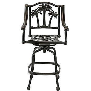 Palm Tree Outdoor Patio Set 6pc Swivel Barstools 30" H Dark Bronze Cast Aluminum, Walnut Cushions